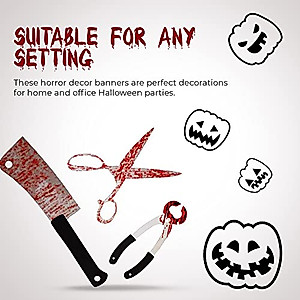 Boxgear 4-Pack Bloody Garland Banner - Fake Knives with Fake Blood Banner Halloween Decorations Outdoor - Includes Butcher Knife, Saw, Scissors, Weapons - Scary Halloween Party Decorations Supplies