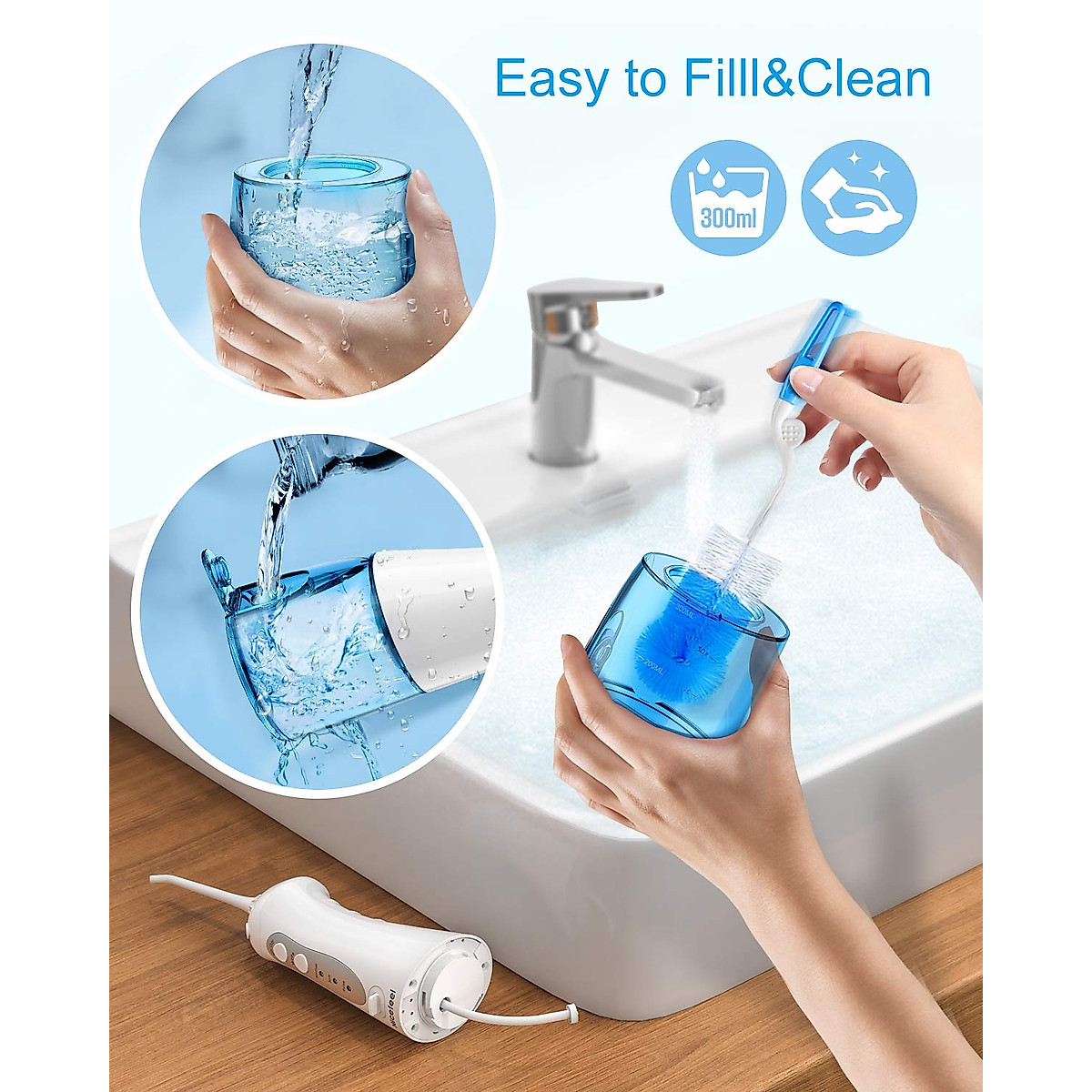 Cordless Water Flosser Teeth Cleaner, Nicefeel 300ML 2 Tip Cases Portable and USB Rechargeable Oral Irrigator for Travel, IPX7 Waterproof, 3-Mode Water Flossing with 4 Jet Tips for Home Blue
