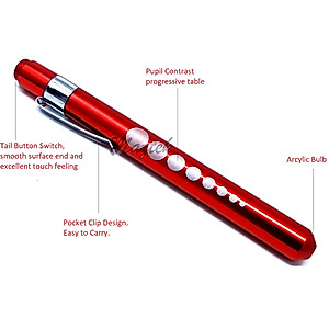 Penlight Reusable Medical Aluminum LED Pen Light with Pupil Gauge for Nurses Doctors Students with Pocket Clip (RED)