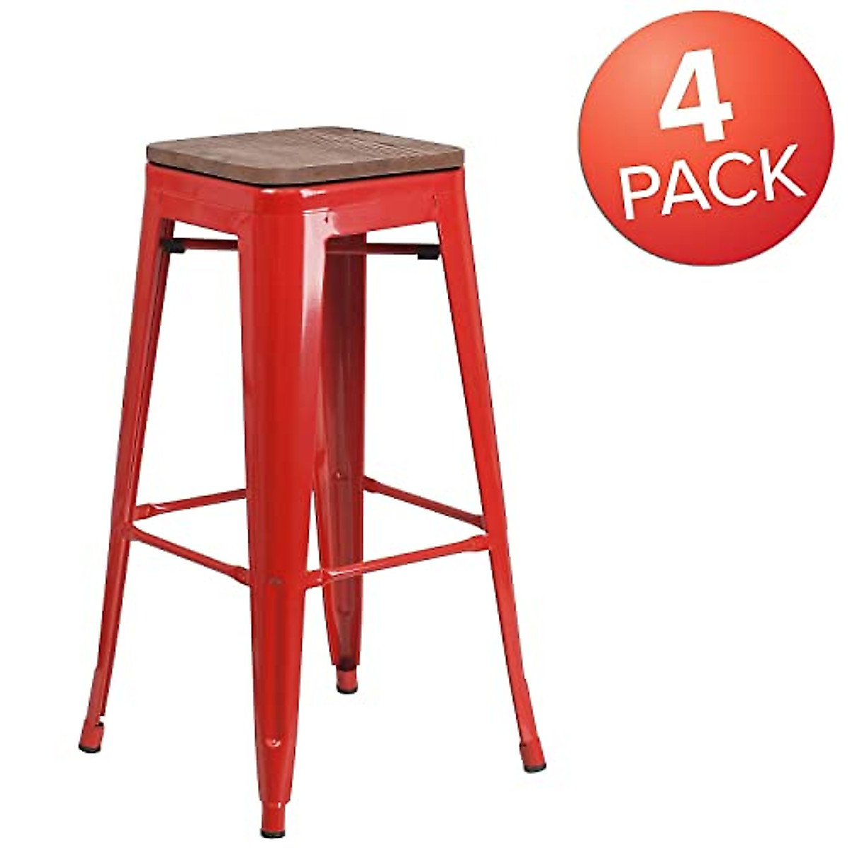 Flash Furniture Lily 4 Pk. 30" High Backless Red Metal Barstool with Square Wood Seat