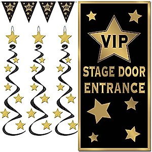 VIP Black & Gold Hollywood Red Carpet Awards Night Party Decorations for Birthday Retirement Graduation Door Cover Hanging Whirls Pennant Banner Bundle Pack Set Kit