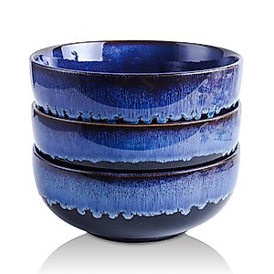 KOOV 58 oz Salad Bowls, Ceramic Bowl Set, Stackable Soup Bowls, Large Bowls, Reactive Glaze Set of 3 (Nebule Aegean)