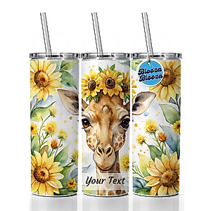 Personalized Custom Name Text Giraffe Watercolor Design With Sunflowers Skinny Tumbler 20oz with Straw Insulated Water Bottle Gift - 1 Line Horizontal