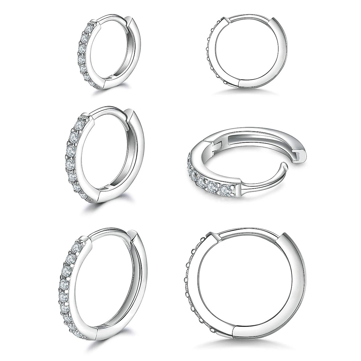 925 Sterling Silver Small Hoop Earrings Cubic Zirconia Huggie Tiny Earrings,3 Pairs 14K White Gold Plated Cartilage Piercing Earrings Ear Cuff for Women Men 8mm 10mm 12mm