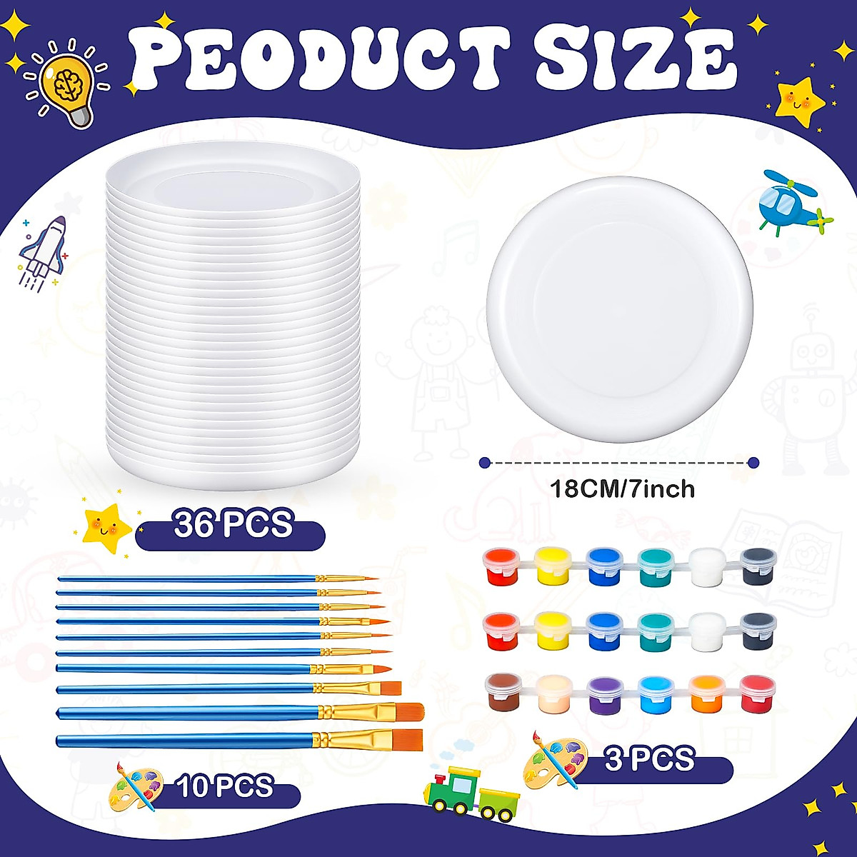 Tenceur 36 Pcs DIY Plastic Flying Disks Bulk 7 Inch Color Your Own White Flying Disc with 10 Paintbrushes and 3 Paints for Party Favors and Crafts Fun Home Activities Games