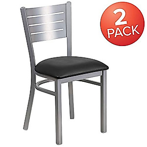 Flash Furniture 2 Pack HERCULES Series Silver Slat Back Metal Restaurant Chair - Black Vinyl Seat