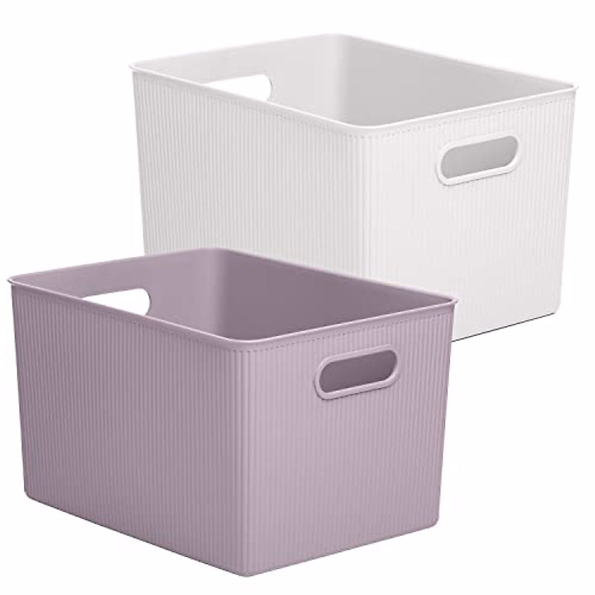 Superio Decorative Plastic Open Home Storage Bins Organizer Baskets, White & Lilac (Set of 2) 2 X-Large - Container Boxes for Organizing Closet Shelves Drawer Shelf - Ribbed Collection