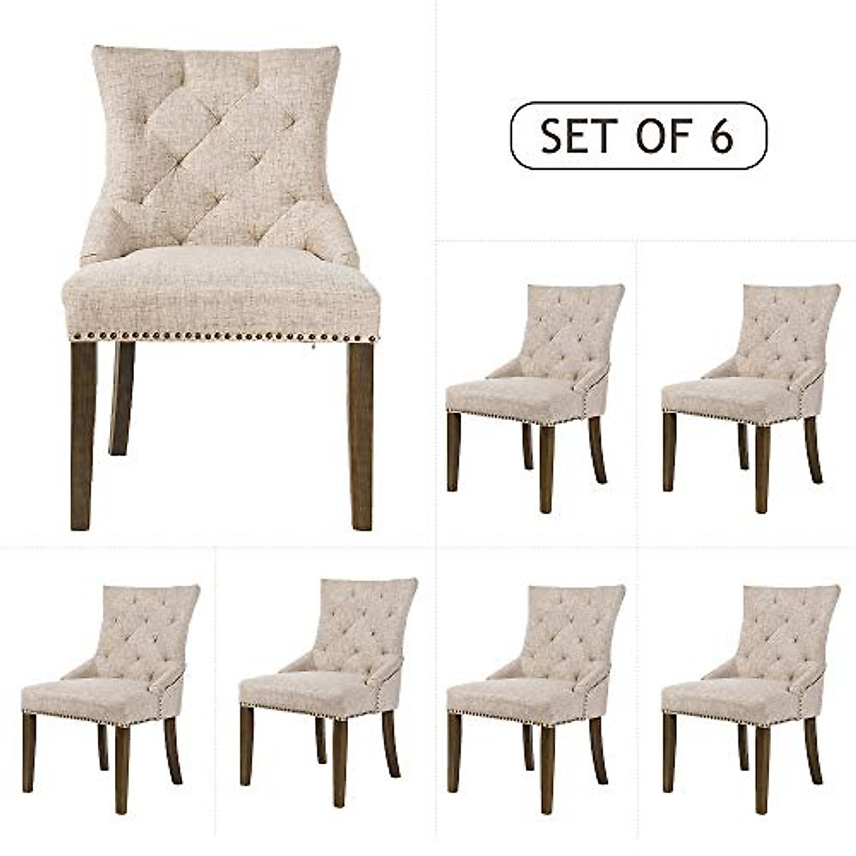 TARTOP Leisure Padded Upholstered Dining Chairs Armrest and Nailed Trim, (Set of 6),Beige, Beige1