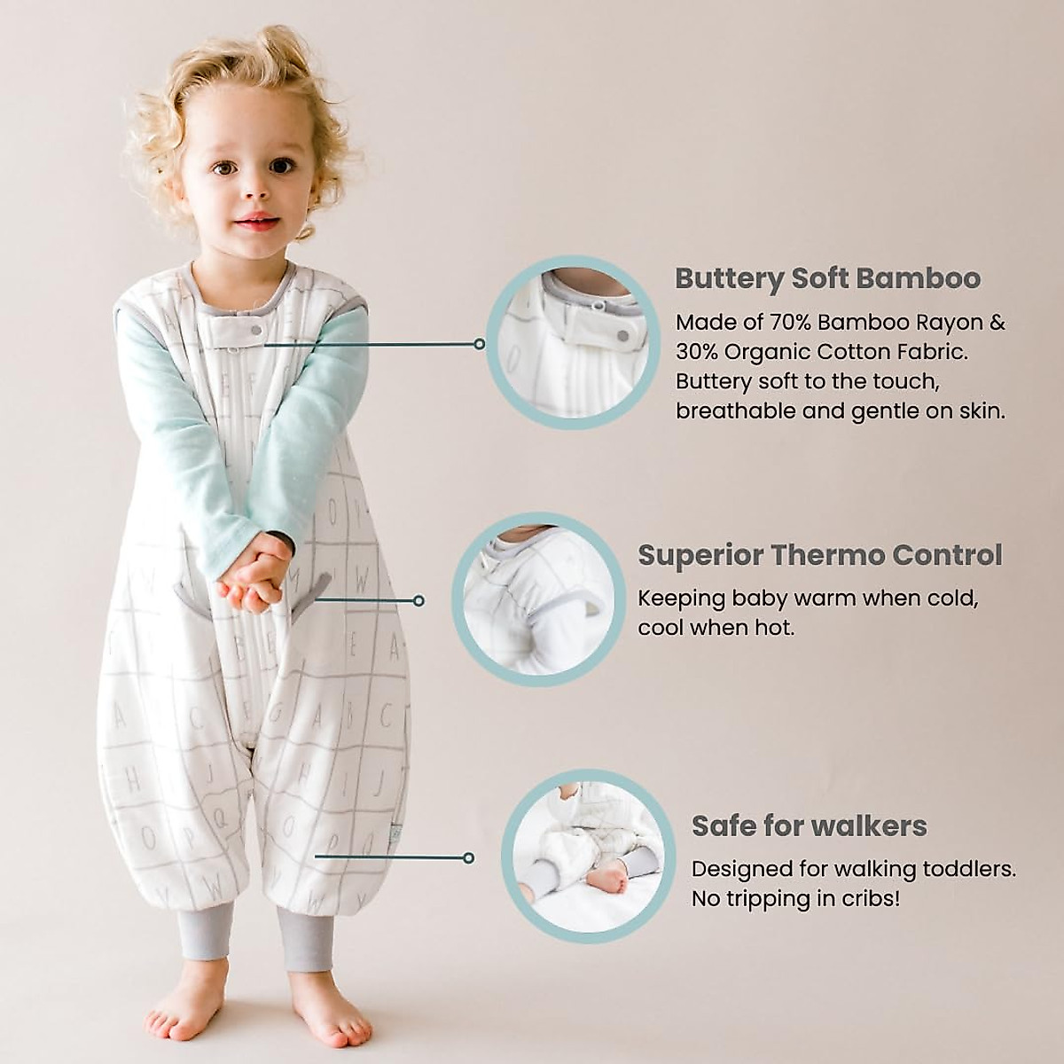 Tealbee DREAMSUIT: Toddler Sleep Sack with Feet 2T 3T - 1.2 TOG Four Season Baby Wearable Blanket for Walkers - Rayon Made from Bamboo, Organic Cotton Sleeping Bag - Alphabet