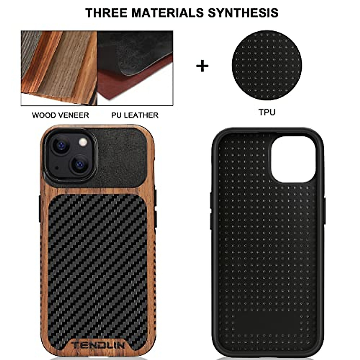 TENDLIN Compatible with iPhone 13 Case Wood Grain with Carbon Fiber Texture Design Leather Hybrid Case Compatible for iPhone 13 6.1-inch Released in 2021 Black