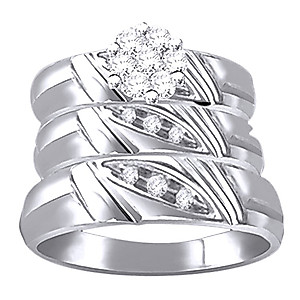 Jewel Zone US White Natural Diamond Engagement and Wedding Trio Band Ring Set in14k White Gold Over Sterling Silver (0.16 Cttw)