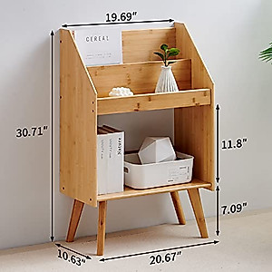 AbocoFur Bamboo Floor Book and Magazine Display Shelf, 20.67"(L) x10.63(W) x30.71(H), Multifunction Free Standing Organizer Storage Rack, Small Bookcase for Home, Office, Burlywood