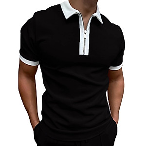 Rela Bota Men's Short Sleeve Polo Shirts Fashion Zipper Polos Casual Slim Fit T-Shirt Black with White 2XL