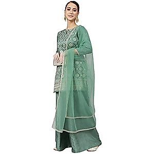 Janasya Indian Women's Mint Green Chinon Foil Print Kurta with Flared Palazzo and Dupatta(SET530-KR-PP-A-XXL)