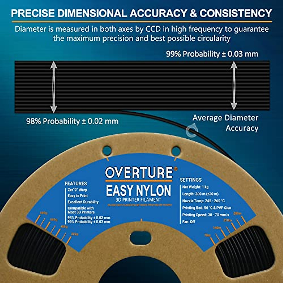 OVERTURE Nylon Filament 1.75mm 3D Printer Filament, Polyamide (PA) 1kg Spool (2.2lbs), Dimensional Accuracy +/- 0.03 mm, Fit Most FDM Printer (Black)