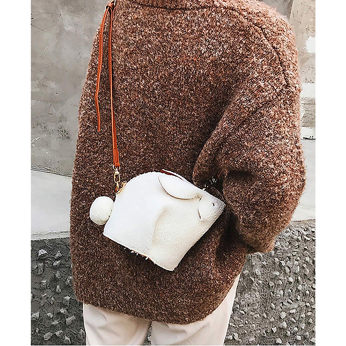 QZUnique Rabbit Shape Handbag Women's Lovely Plush Toy Crossbody Bag Rope Strap Shoulder Bag