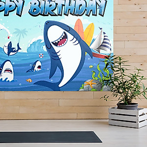 Shark Birthday Backdrop Banner Decor Blue - Under the Sea Shark Theme Happy Birthday Party Decorations for Boys Girls Supplies, 3.9 x 5.9 ft