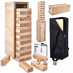 CELETOY Giant Stacking Game, Quick Set-up & Quick Storage Block Wooden Tower Game Set with Carrying Bag and Tumble Tower Box, Grows to Over 6ft, Lawn Games Backyard Outdoor