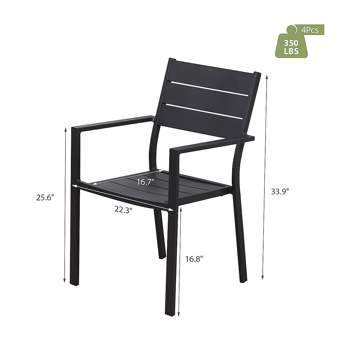 Dining Chair Set of 4, Modern Aluminum Stackable Chairs Patio Dining Chair Coated Weather-Resistant Armchair 350LBS Weight Capacity for Backyard Deck Lawn Garden Black