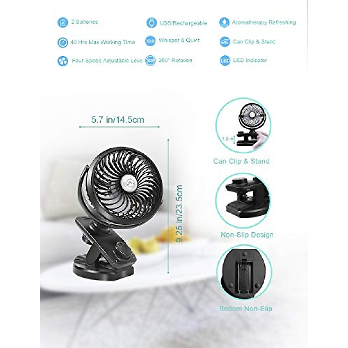 YXwin Stroller Fans Mini USB Desk Clip on Fan, Table Fan 40 Hours(Max) 360° Rotation 5000mAH Rechargeable Battery Operated 4 Speed Quiet Fan for Outdoor/Indoor Baby Car Travel Office Camping Library