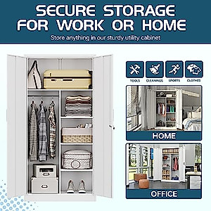MIIIKO Steel Wardrobe, 72" Combination Storage Cabinet with Clothes Rod and 4 Shelves Organizer Storage, 2 Lockable Doors, for Office Home, Garage, Laundry Room