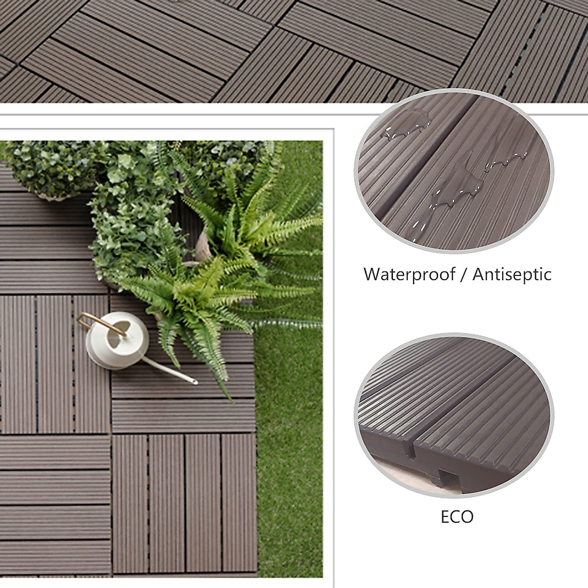 9 Pcs PE Interlocking Patio Deck Tiles, 12 x 12in 4-Slats Straight Pattern Floor Covering for Patio Shower Garden Balcony