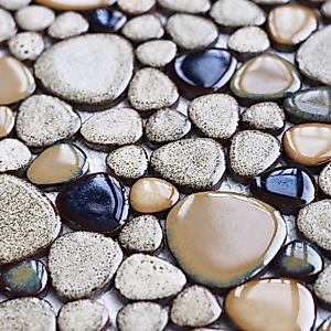 Primoon Pebble Stone Mosaic Tiles 5 Sheets, Beige Tan Brown Ceramic Mosaic Sheets Mesh Mounted 12x12, Glazed Porcelain Tile for Shower Floor Kitchen Bathroom Accent Wall Backsplash 【5 Sheets】