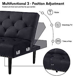 ivinta Convertible Velvet Sofa Couch, Sectional Sofa with Ottoman, Mid-Century Upholstered Comfy Sofa Bed, Queen Sleeper Sofa for 4-Seater, Modular Sofa for Living Room (Black)