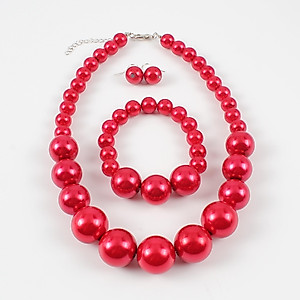 KOSMOS-LI Women's Large Big Simulated Red Pearl Statement 19" Necklace Bracelet and Earrings Jewelry Set