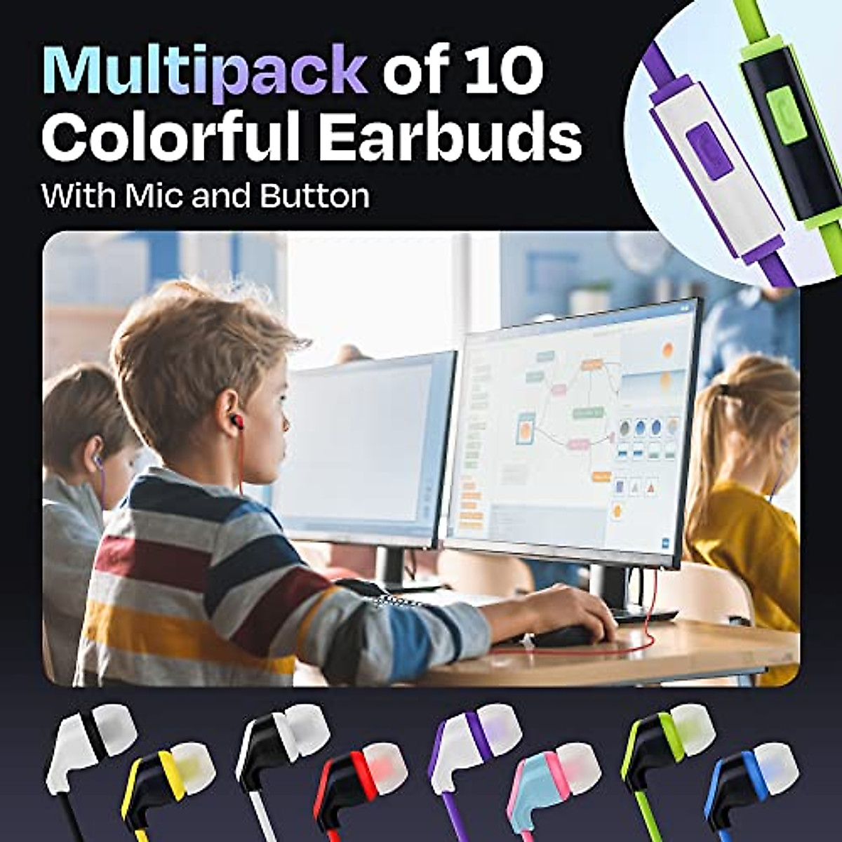 10x Multipack | Earbuds with Microphone, for Schools, Classroom, Libraries, Museums, etc., Wired in-Ear Earphones with Mic for Kids, Teenagers & Adults, Affordable Bulk Headphones