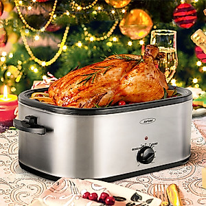 Sunvivi Roaster Oven with Self-Basting Lid, Electric Roaster with Removable Pan & Rack, 150-450°F Full-Range Temperature Control with Defrost/Warm Function, Stainless Steel, Silver