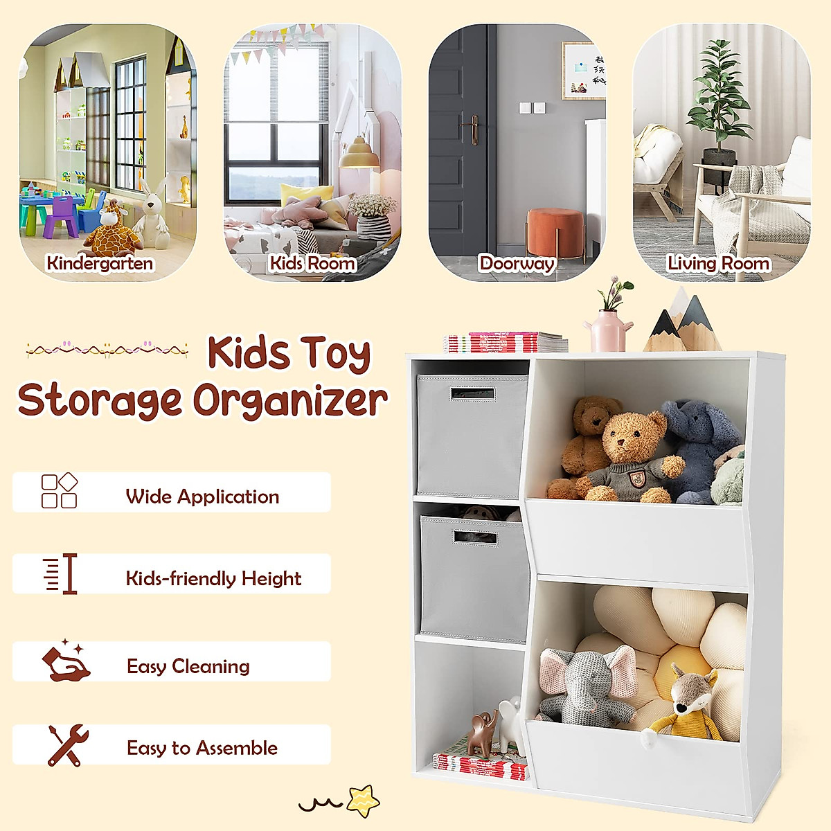 HONEY JOY 5 Cubbies Kids Toy Storage Organizer, Children Bookcase and Bookshelf w/2 Storage Boxes, Wooden Muti-Bins Toy Storage Display Cabinet for Playroom, Nursery, Daycare, Kindergarten