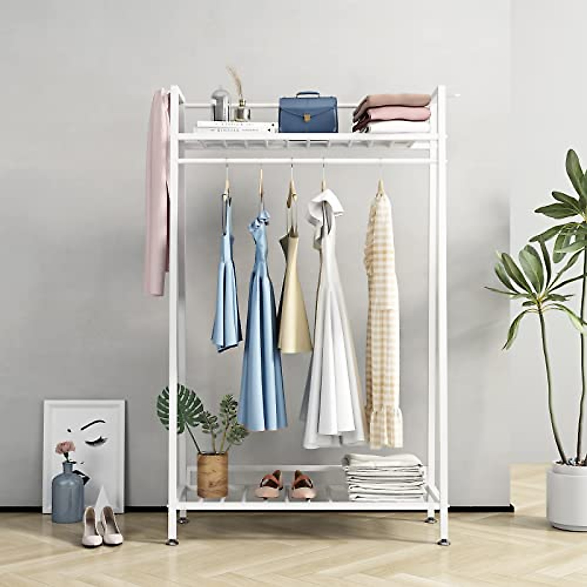 Metal Clothing Rack Modern Clothes Rack with 2- tier Shelf Clothes Display Racks for Bedroom, Boutique, Cloth Store Metal Pipe Hanging Rack-white