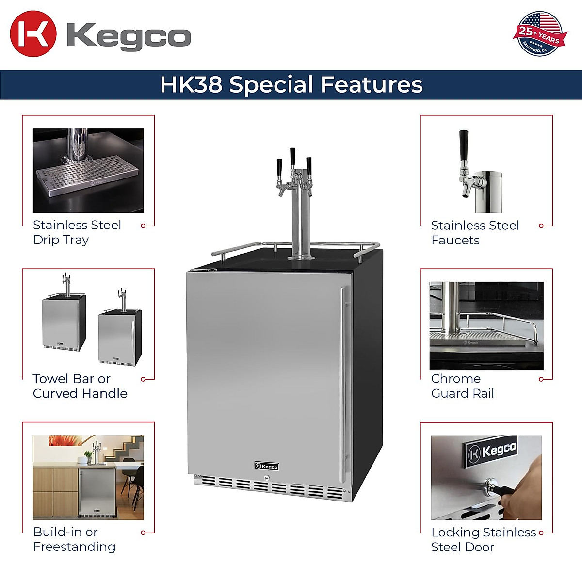 Kegco Kegerator 24" Wide Triple Tap Black/Stainless Steel Undercounter Beer Dispenser HK38BSU-L-3