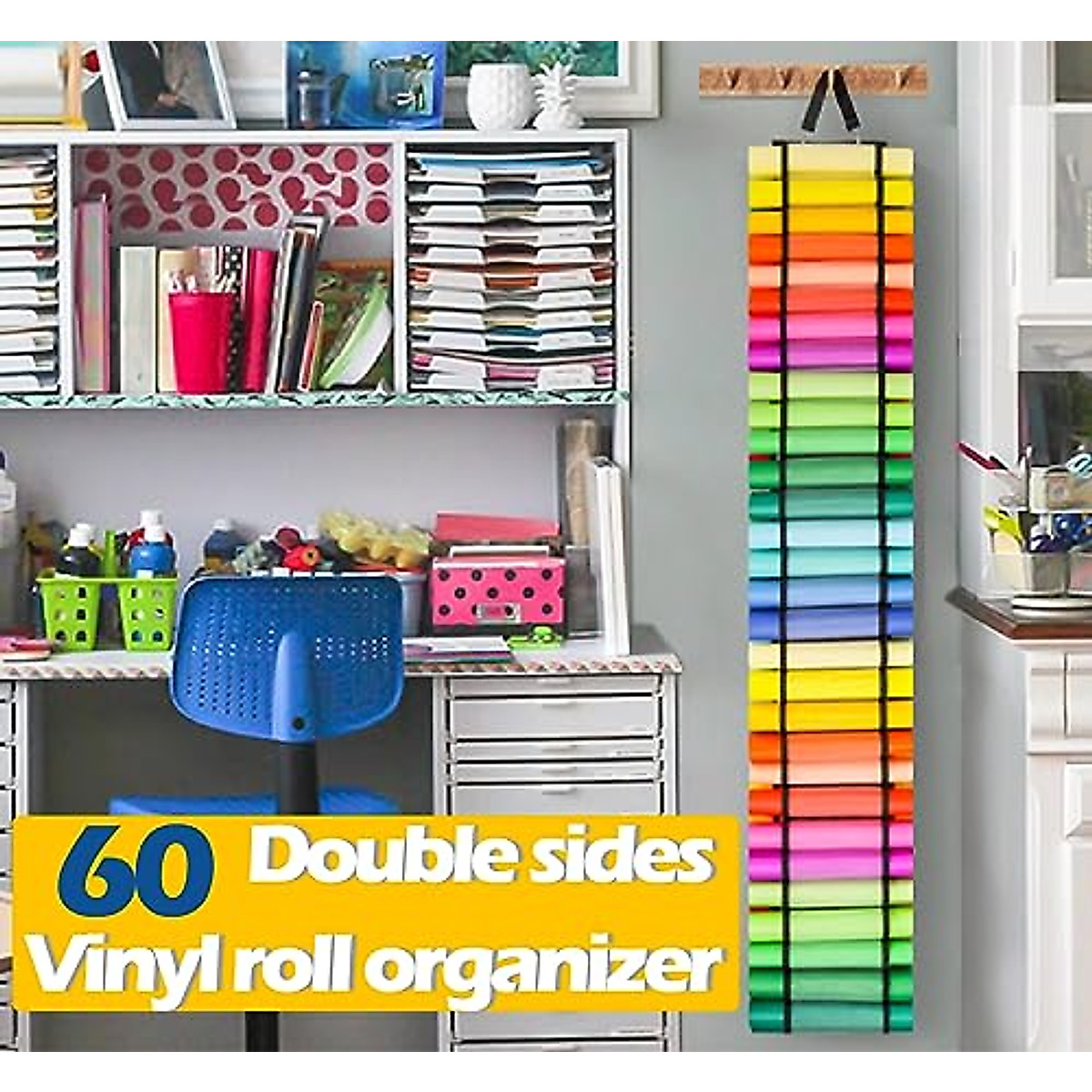 Vinyl Roll Holder, 60 Compartments Vinyl Roll Storage for Permanent Vinyl Organizer, Craft Storage Organizer,Vinyl Storage Rack for Home Crafts, Door/Wall Mount