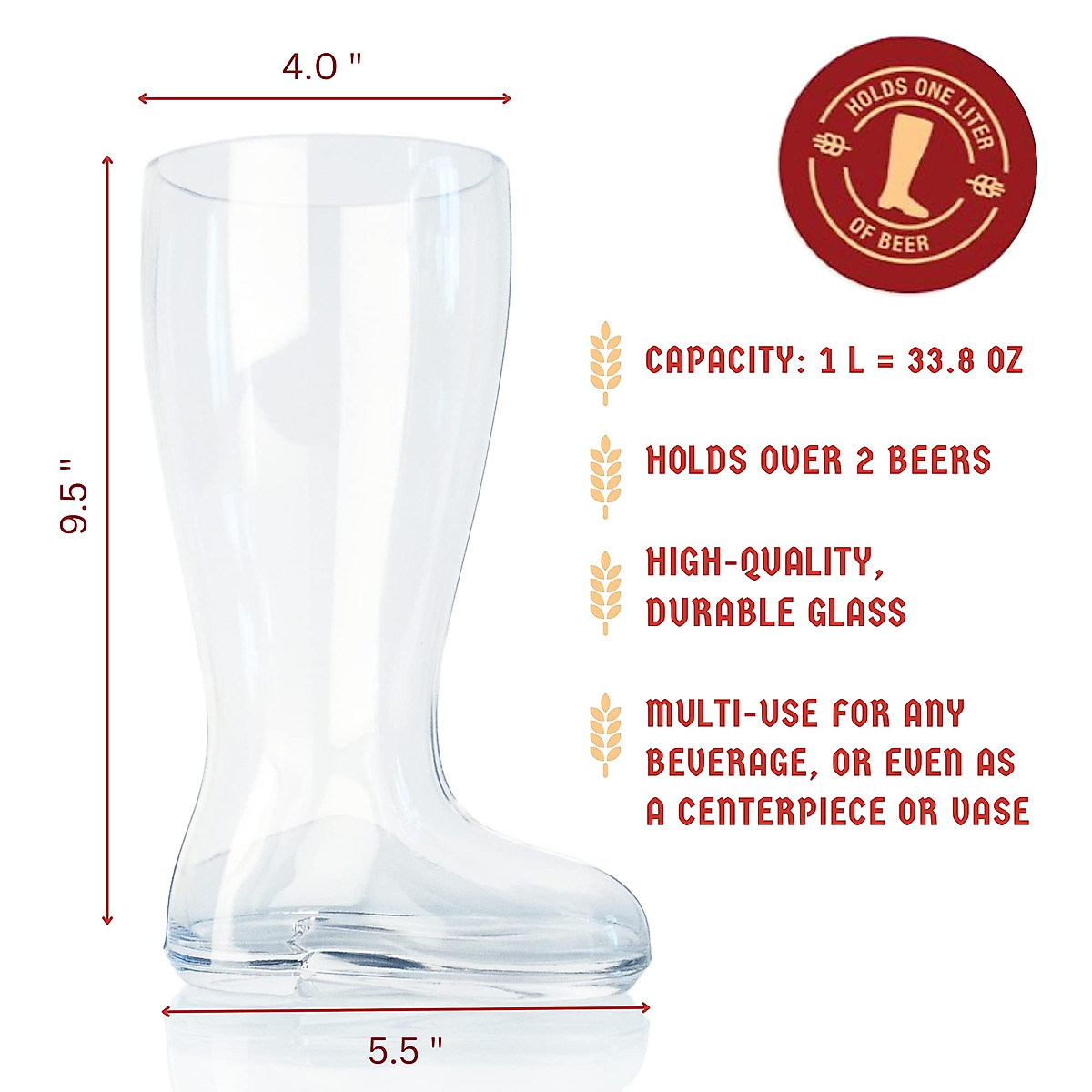 Big Betty - Betty's Das Boot - Glass Beer Boot Mug for Oktoberfest Celebrations, St. Patrick's Day, Bachelor or Bachelorette Festivities, Holds Over 2 Beers - 1 Liter