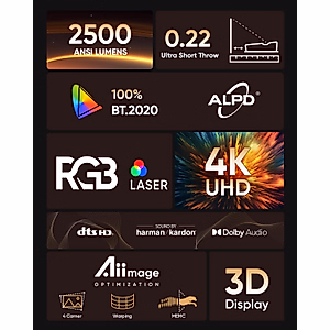 NOMVDIC P2000 Ultra Short Throw 4K Triple Laser Projector, 2500 ANSI Lumen, 50W Speaker, Dolby & DTS Support​, 3D, HDR10, UST Projector Laser TV for Home Cinema (Fire TV Stick 4K Max Included)