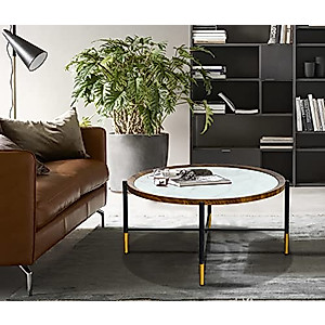 Round Coffee Table, 35in Modern Living Room Accent Side Tea Table with Marbling Glass Top, Black Gold Metal Legs Industrial Sofa Center Table for Dining Room with Wood Top Frame
