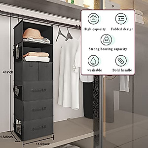 Bosuelife 6-Shelves Hanging Closet Organizer with 5 Different Drawers, Foldable Closet Organizers and Storage for Wardrobe, Closet& RV, Clothes and Accessories Storage, Non-Woven Fabric, Black