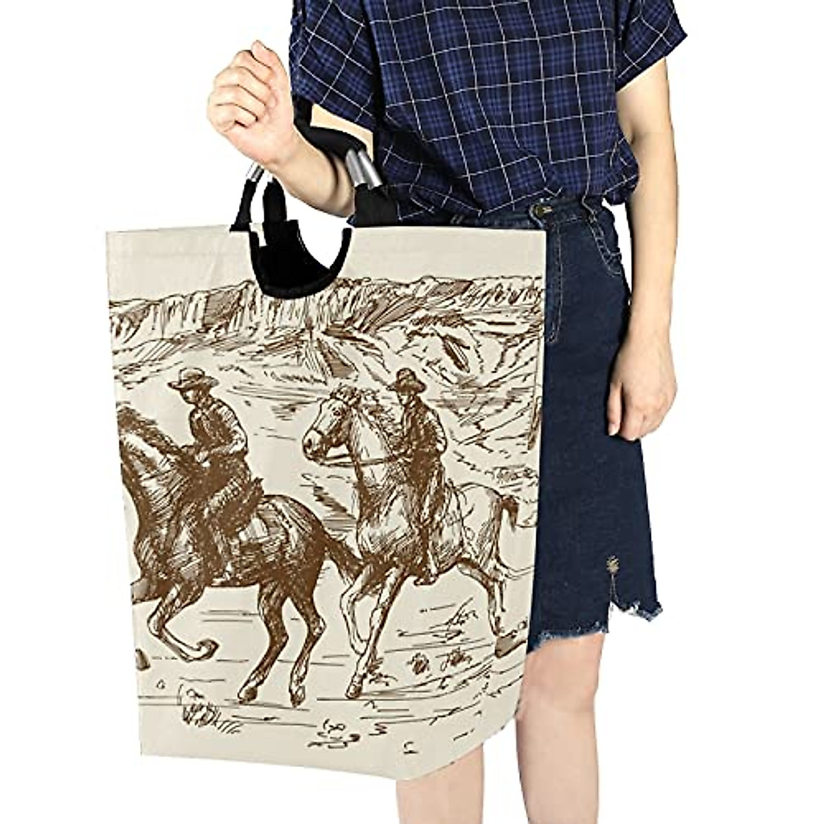WELLDAY Laundry Hamper with Handle Western Desert Cowboy Laundry Baskets Foldable Dirty Clothes Basket Large Storage Laundry Organizer