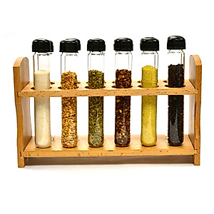 hBARSCI Hand Made Test Tube Spice Rack, Wooden Rack with 12 Borosilicate Glass Test Tubes (6" Long, 1" Dia.) with Caps and Funnel