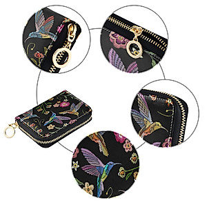 MOYYO RFID Credit Card Holder Case Beautiful Hummingbirds Exotic Flowers Leather Printed Zipper Card Case Wallet for Women Girls