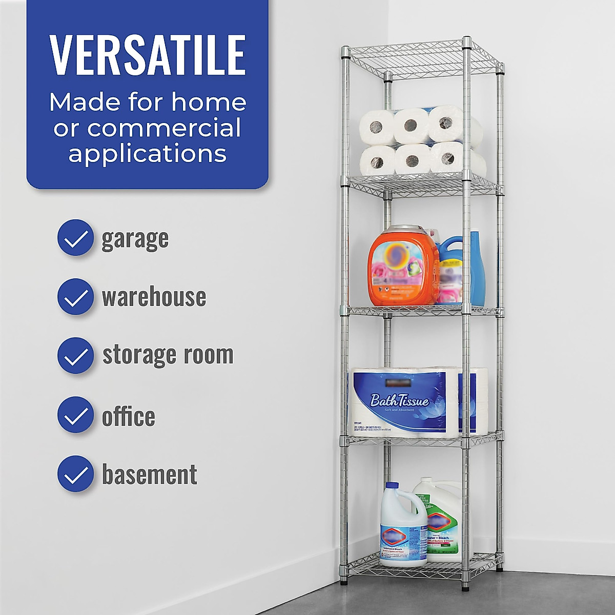 SafeRacks - NSF Certified Storage Shelves, Zinc, Heavy Duty Steel Wire Unit with Wheels and Adjustable Feet, Garage or Bakers Rack, Kitchen, Pantry Shelf - (18"x18"x72" 5-Tier) (Silver)