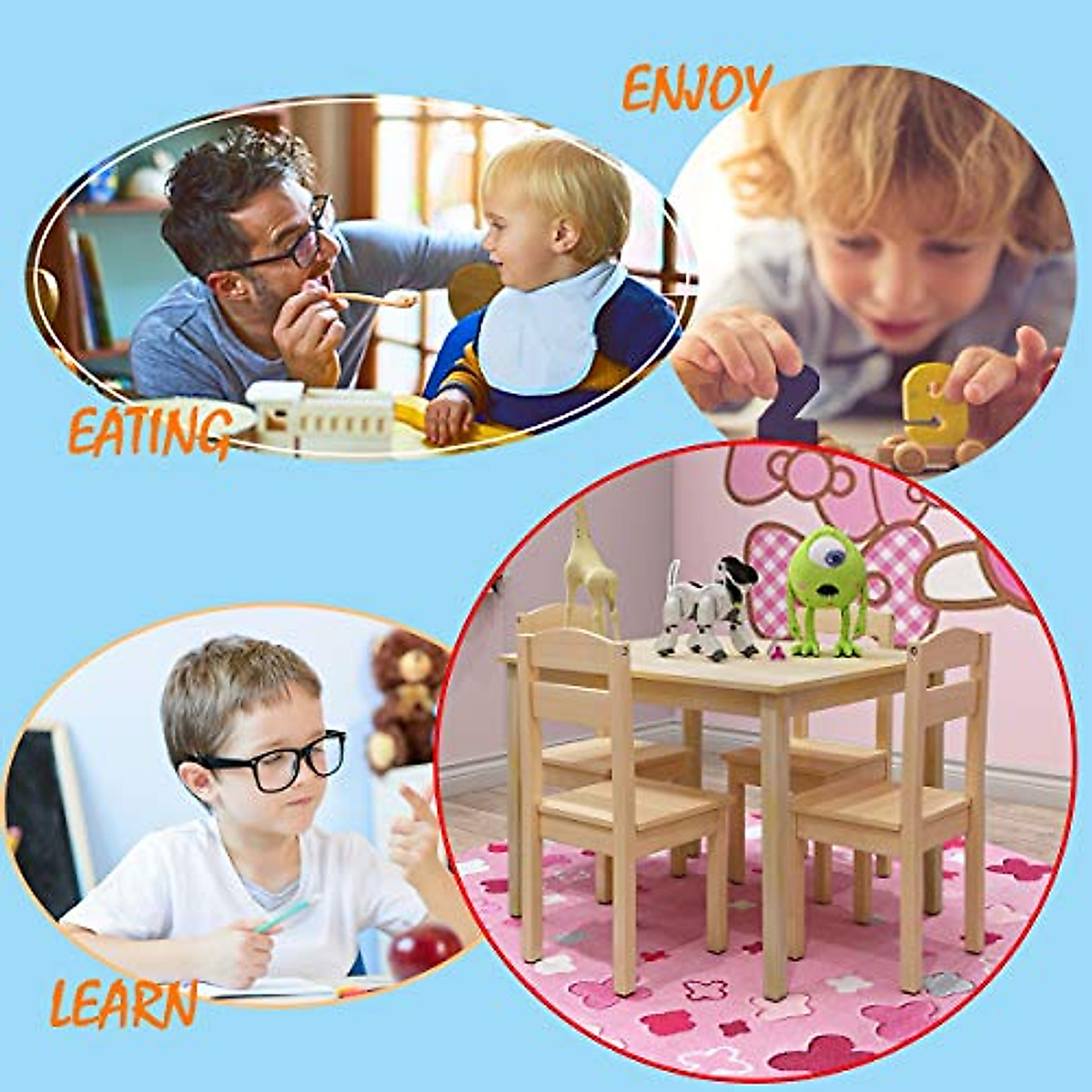 Nightcore Kids Wooden 4, Activity 2 to 6 Years, Toddler Game, Playroom Furniture, Picnic w/Chairs, Solid Wood 5 Piece Dining Table Set, Natural