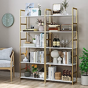 finetones 5 Tier Bookshelf, Industrial Gold Bookcase with Metal Frame, Modern Display Shelves Plant Flower Stand Rack for Bedroom Living Room Home Office, White and Gold