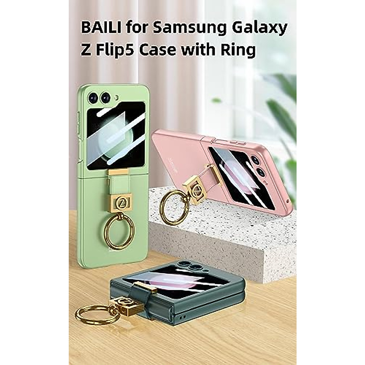 BAILI for Samsung Galaxy Z Flip5 Case with Ring,Galaxy Z Flip5 Cover with Z Ring & HD Small Screen Film,Military Grade All-Inclusive Protection Case with Electroplated Ring Stand for Z Flip 5-Matcha