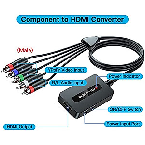 Male Component to HDMI Converter Cable with HDMI and Component Cables for DVD/ STB with Female Component Output to Display on HDTVs, 1080P RGB YPbPr to HDMI Converter, Component in HDMI Out Adapter…