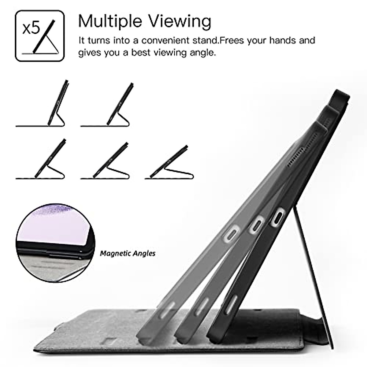 ZtotopCase for Samsung Galaxy Tab S7 FE 5G/S7 Plus/S8 Plus 12.4 Inch Tablet [5 Magnetic Stand Angles],Auto Wake/Sleep, Premium PU Leather Smart Cover for Galaxy S8+ 2022/S7 FE 2021/S7+ 2020,Black