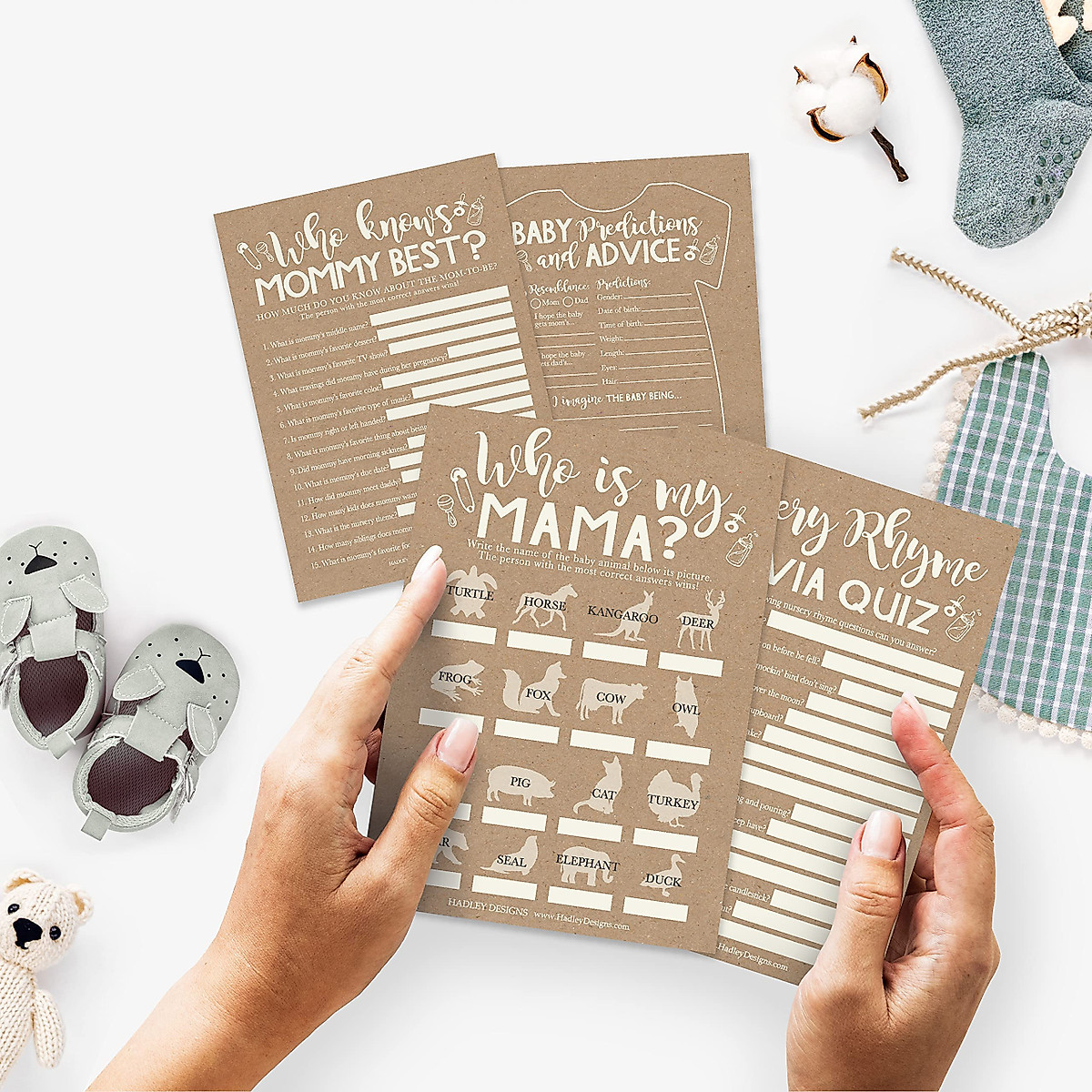 25 Rustic Animal Matching, 25 Nursery Rhyme Game, 25 Who Knows Mommy Best, 25 Baby Prediction And Advice Cards - 4 Double Sided Cards, Baby Shower Party Supplies