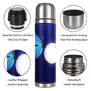 Stainless Steel Leather Vacuum Insulated Mug Blue Butterfly Thermos Water Bottle for Hot and Cold Drinks Kids Adults 16 Oz